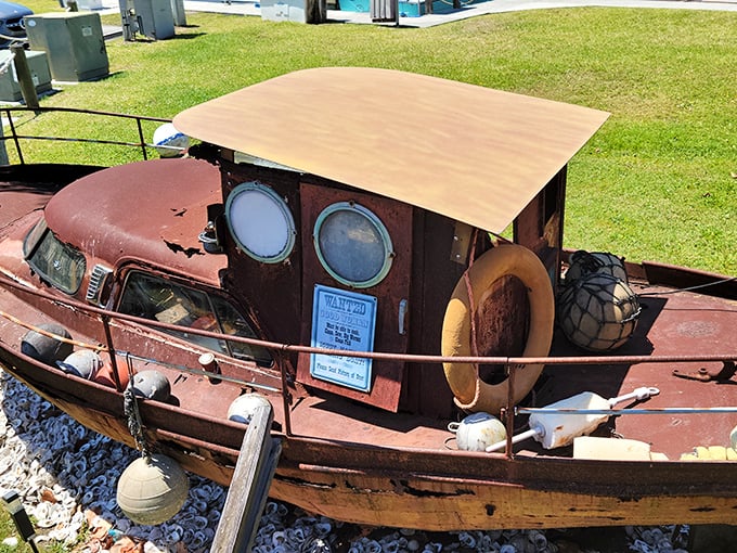 This weathered boat didn't retire—it was promoted to landmark status. Now it greets guests with rusty dignity.