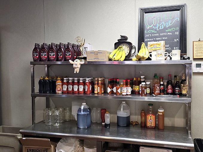 The sauce shelf – where hot sauce aficionados can find their perfect match, from mild flirtation to five-alarm commitment.