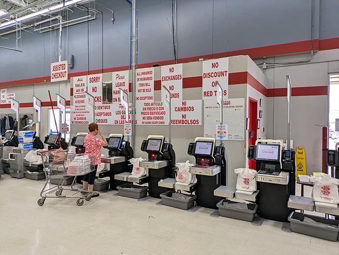The final frontier of the thrift adventure—checkout. Where the true victory of scoring an entire wardrobe for less than a fancy dinner becomes gloriously real.