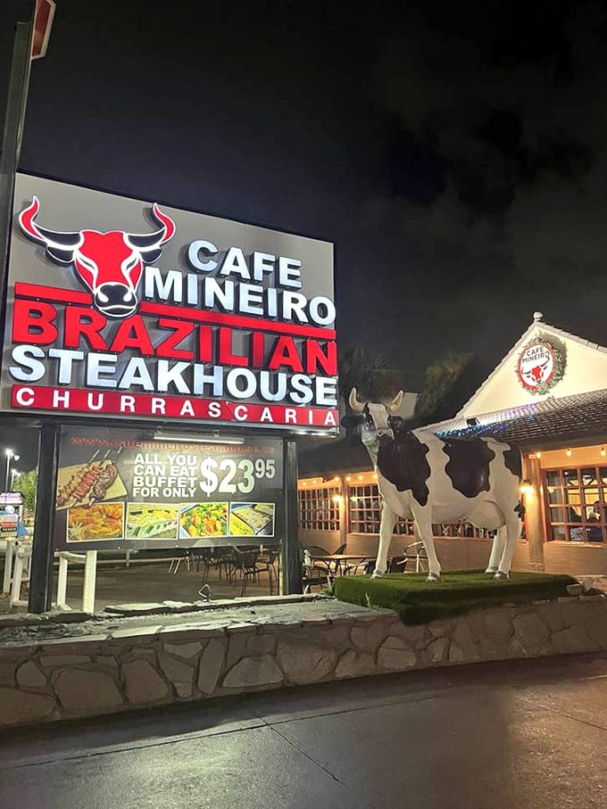 By night, the neon glow of Cafe Mineiro's sign acts like a lighthouse for the meat-obsessed, guiding hungry souls to protein paradise.