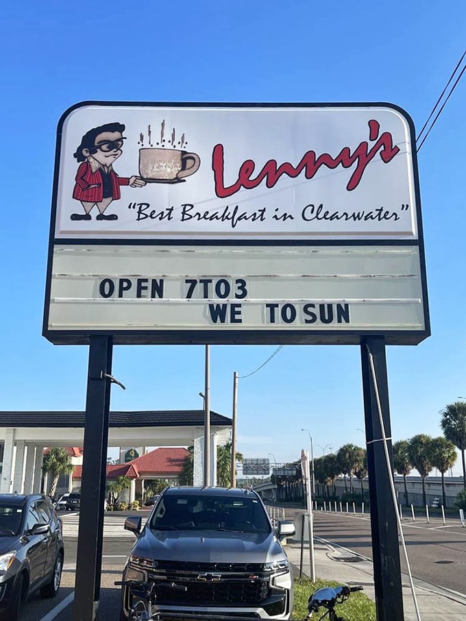 The marquee sign proudly announces "Best Breakfast in Clearwater" – a claim that seems less like boasting and more like public service.
