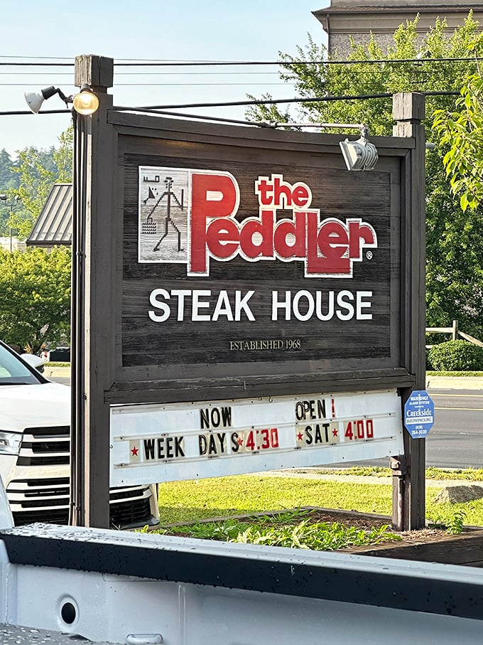 Even the sign knows what matters most – those hours posted like a promise of good times ahead.