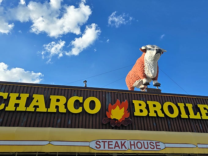 That steer silhouette against the bright blue Texas sky is practically the unofficial state flag of carnivores.