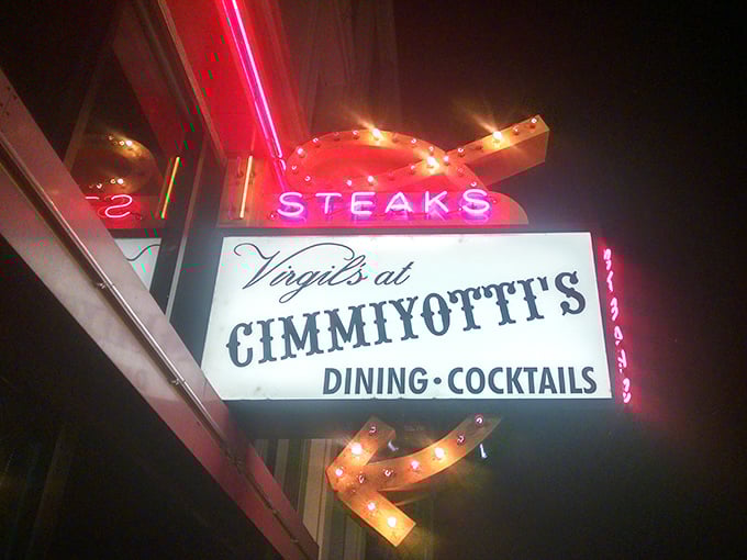 By night, the neon sign transforms into a beacon of hope for hungry souls wandering downtown Pendleton in search of carnivorous salvation.