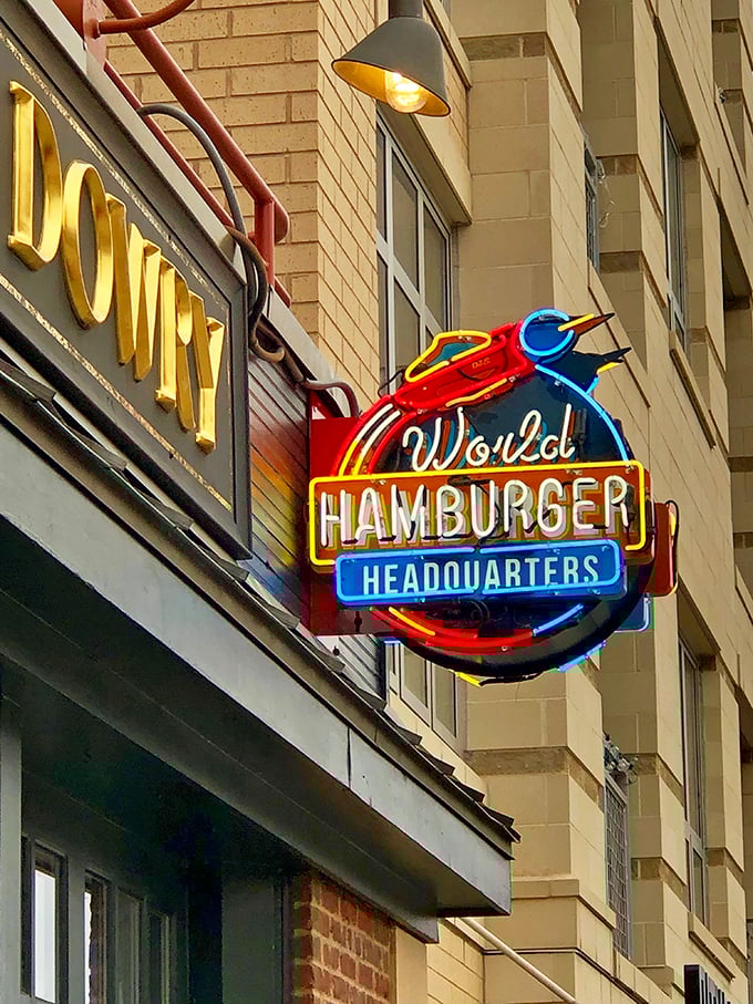 The neon "World Hamburger Headquarters" sign isn't just bragging—it's simply stating a delicious fact that locals have known for years.