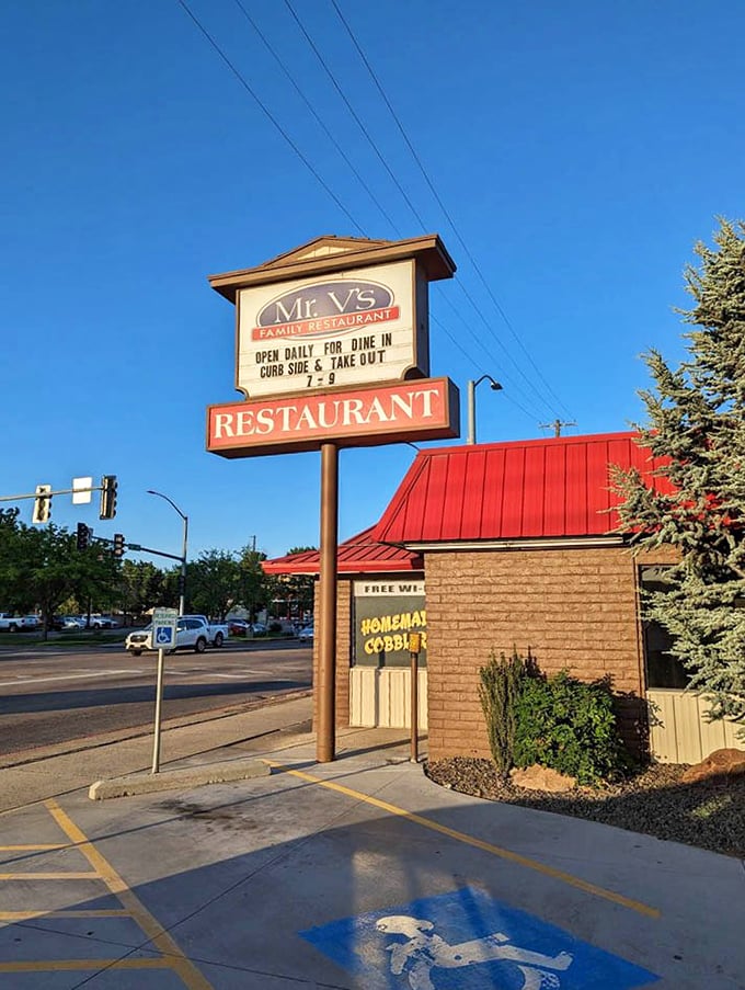 The iconic Mr. V's sign stands as a beacon of hope for hungry travelers. Open daily 6-9, those hours aren't just a schedule—they're a community service.