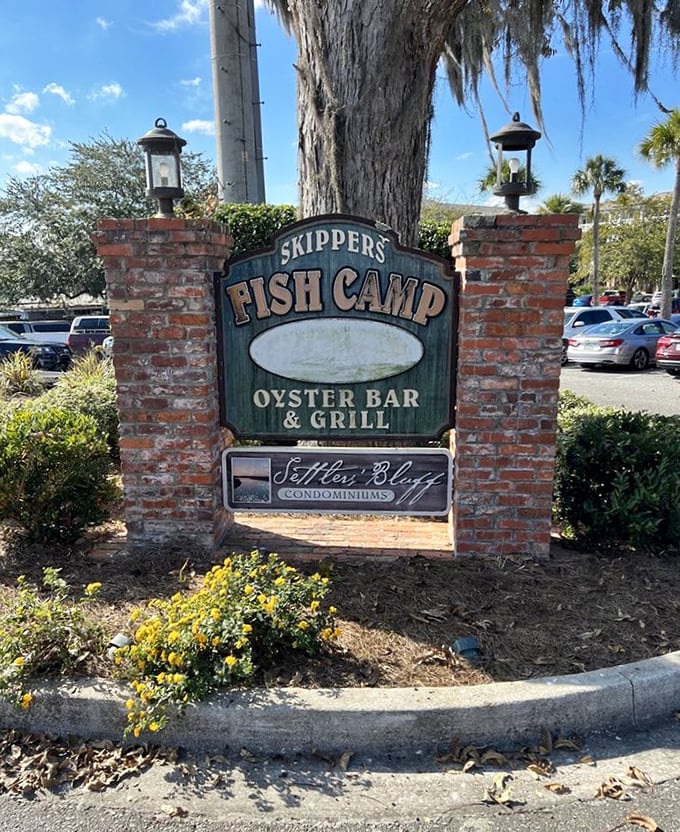 The entrance sign promises exactly what awaits inside – no pretense, just seriously good seafood in a setting that celebrates its maritime roots.