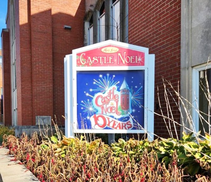 The celebratory signage marks Castle Noel's anniversary—proving that Christmas magic has serious staying power in the heart of Ohio.