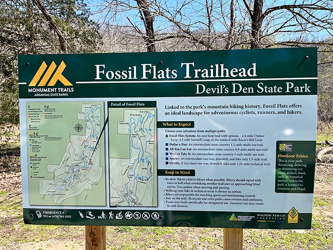 Adventure menu board at Fossil Flats—where cyclists can choose their own two-wheeled odyssey from "pleasant afternoon spin" to "why are my legs screaming?"