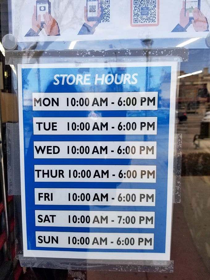The hours of operation—or as thrift enthusiasts call it, "the schedule for treasure hunting expeditions." Note Saturday's extended hours for weekend warriors.