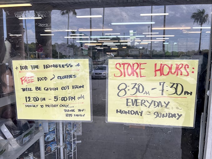 The store hours sign reveals Hope Thrift's community mission—providing free food and clothing to those in need while serving bargain hunters seven days a week.