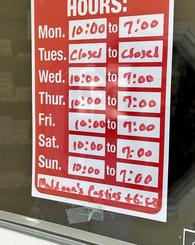 The hours tell the story—open six days a week because even pasty perfection requires a day of rest. Plan accordingly, hungry travelers!