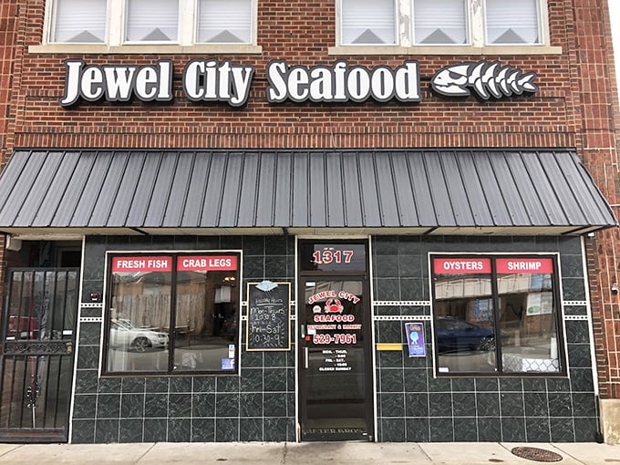 The storefront announces its purpose with no pretense—just straightforward signage promising exactly what you'll find inside: excellent seafood in the heart of Huntington.