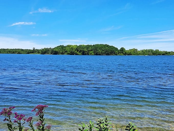 Summit Lake in all its blue glory – where the water meets the sky and your stress doesn't stand a chance.