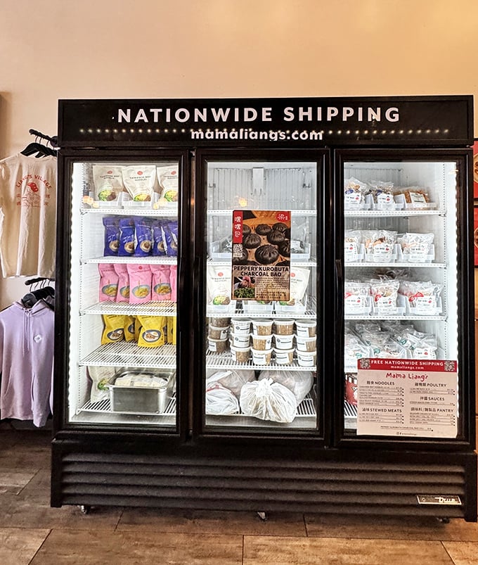 The "Nationwide Shipping" refrigerator offers a glimpse into Taiwanese food culture—packaged treasures ready to travel across America.