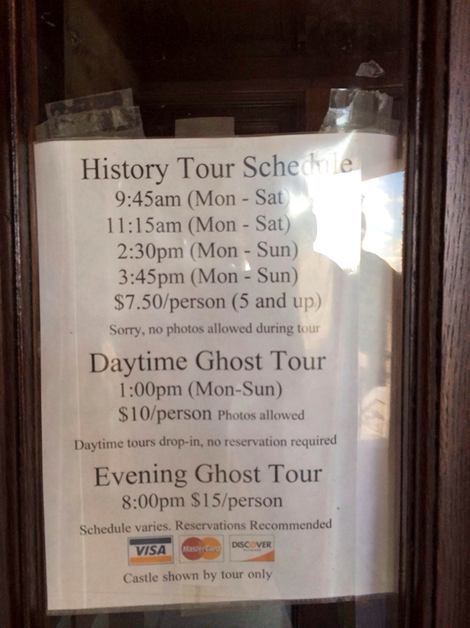 The tour schedule reveals the castle's dual personality—historical landmark by day, ghost-hunting hotspot by night. Your credit card works in both realms.