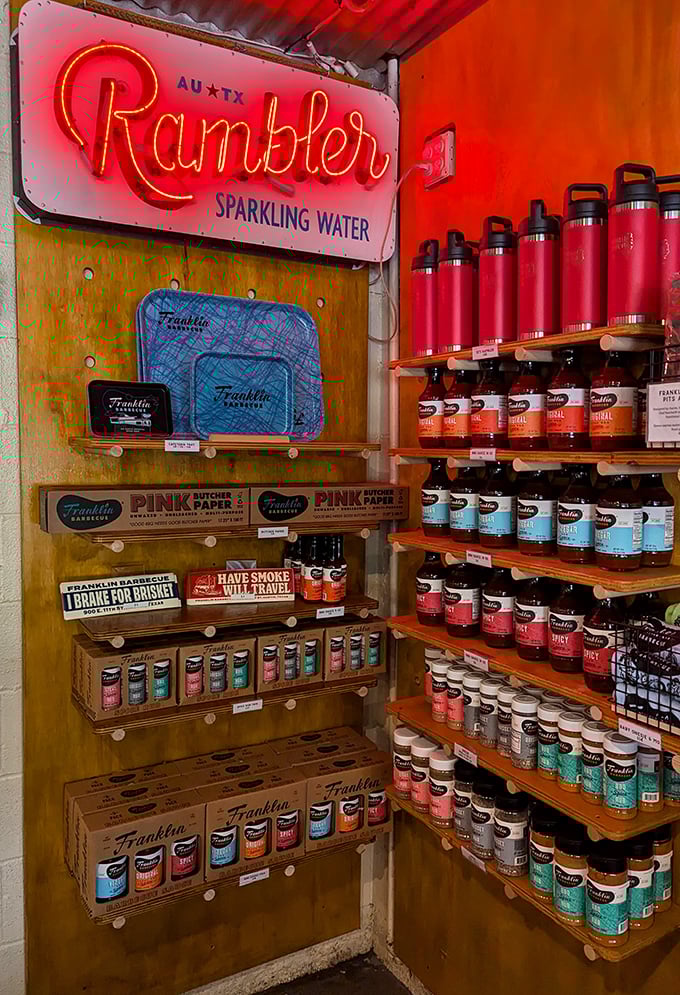 A shrine to hydration and souvenirs—because after all that meat, you'll need something to drink and something to remember it by.