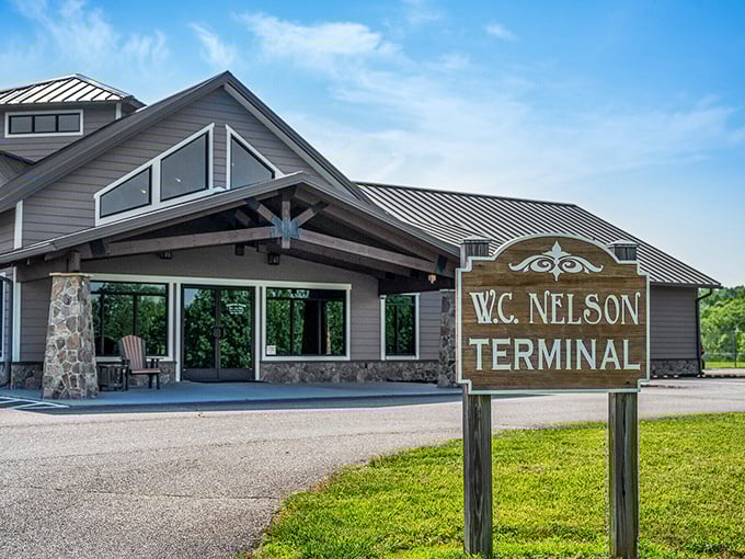 The W.C. Nelson Terminal welcomes visitors with rustic mountain architecture that says, "Yes, you've finally escaped the city. Exhale now."