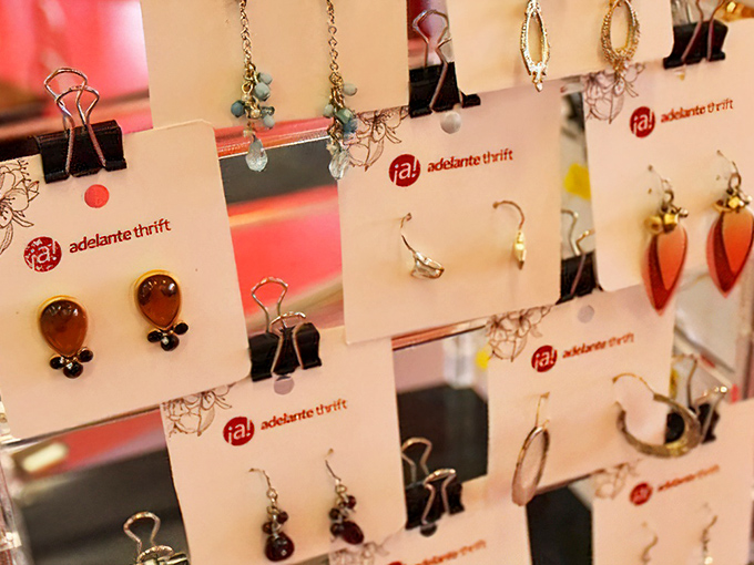 Jewelry displays featuring earrings with personality. These accessories didn't end up here because they weren't loved—they're just ready for their next adventure.