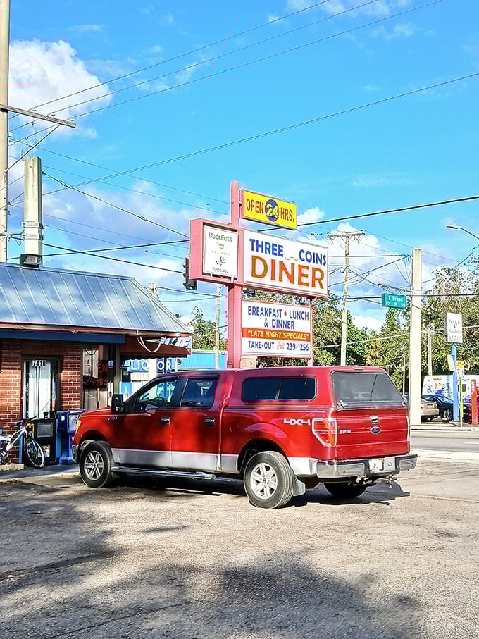 The parking lot – first checkpoint in the breakfast quest. That truck knows what we all know: good diners are worth the drive.
