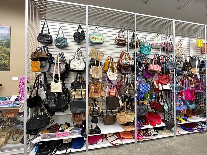 Handbags dangle like ripe fruit, a leather and canvas orchard offering vintage Coach alongside practical totes for the accessory aficionado.