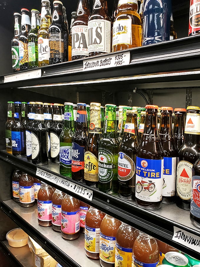 The beverage selection rivals your indecisive friend's dating app—options ranging from craft beers to nostalgic sodas in glass bottles.