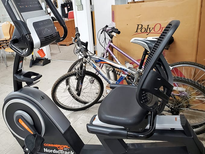 Exercise equipment and bikes patiently waiting for someone's "new year, new me" resolution to kick in. No judgment here.
