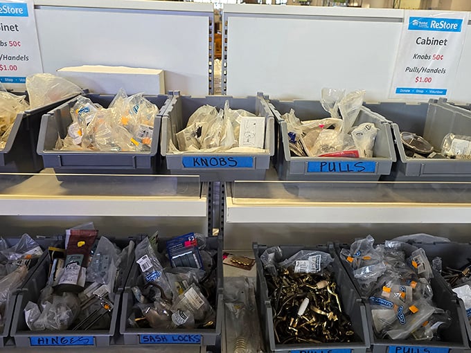 Hardware heaven in neatly labeled bins—where that one specific knob you've been searching three hardware stores for is probably hiding.