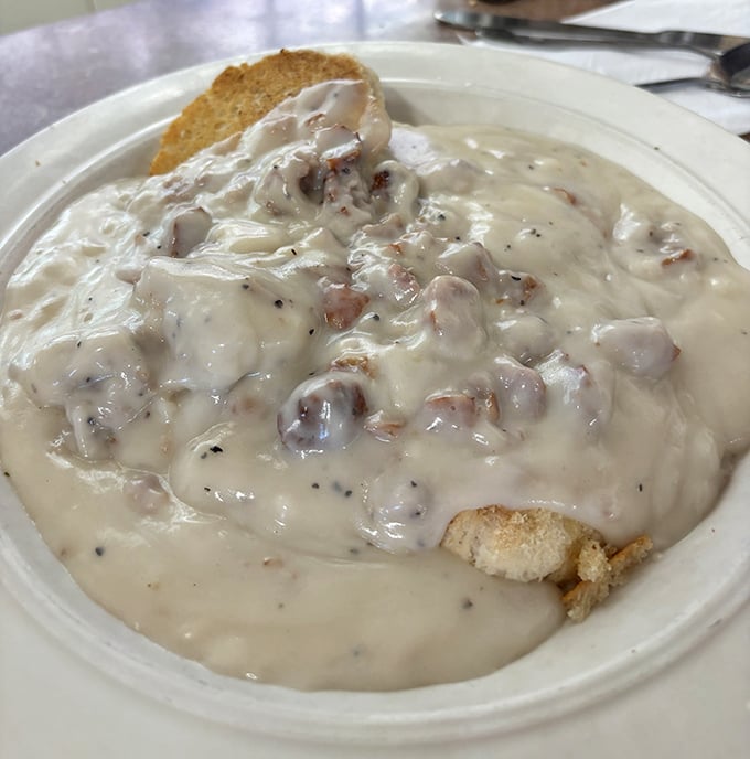 Biscuits swimming in creamy gravy—comfort food so authentic it could make a Southerner nod in approval while reaching for a second helping.