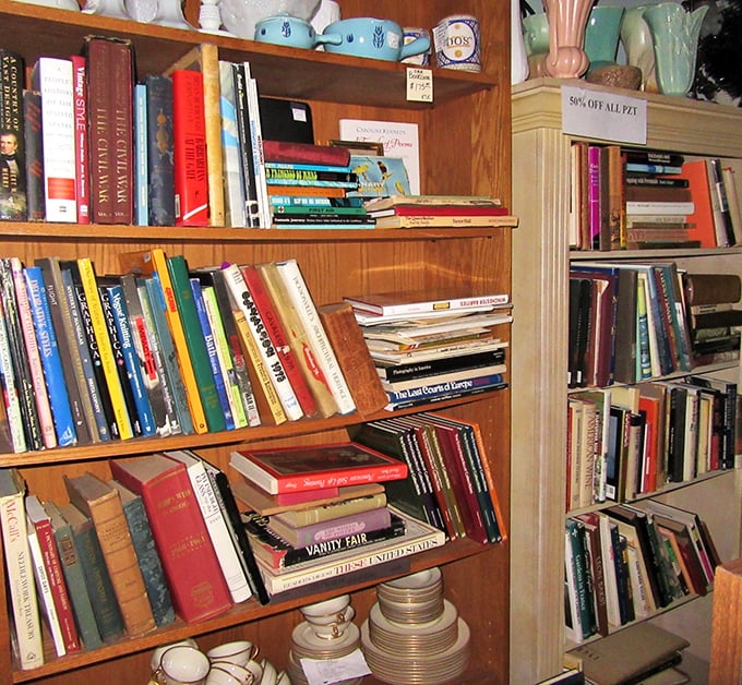 Books stacked with care – from classic literature to vintage cookbooks – each spine representing someone's former favorite reading chair companion.