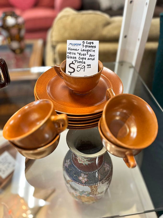 Vintage treasure alert! These Homer Laughlin "Ruse" art glaze cups and saucers aren't just dishware—they're conversation pieces waiting to elevate your morning coffee ritual.