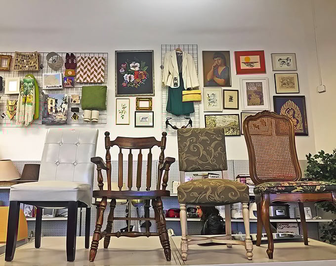 This furniture vignette feels like visiting eccentric relatives—each chair with its own personality, history, and story waiting to be adopted.