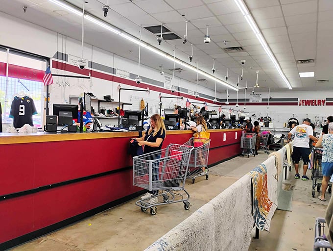 The checkout counter: the final gateway between intention and possession. Where friendly cashiers have seen it all, from vintage wedding dresses to ceramic poodles.