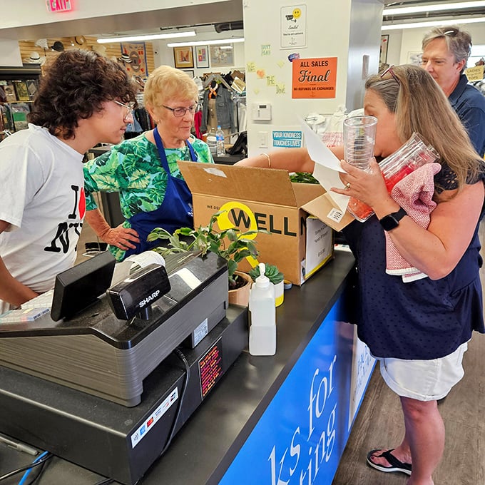 The checkout counter, where treasures become yours and dollars support hospice care. These volunteers turn your bargain hunting into community healing.