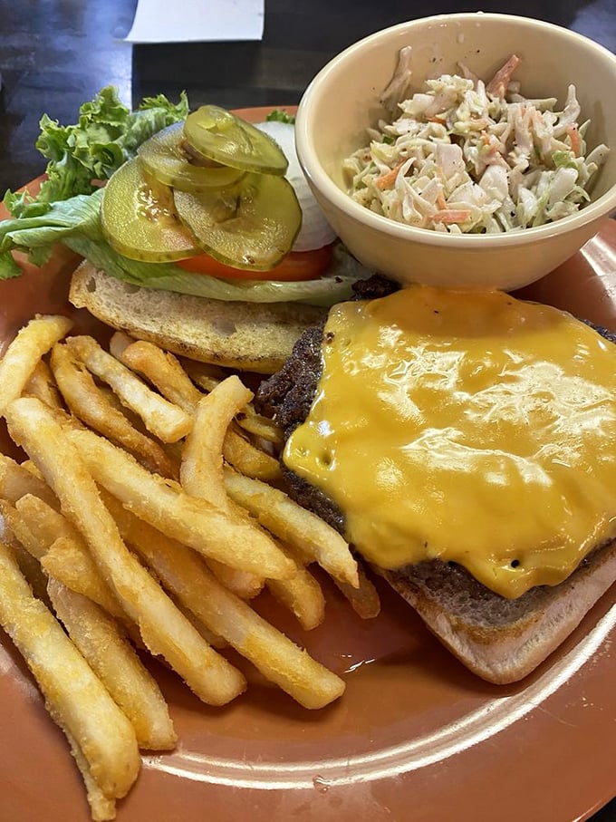 This isn't just a cheeseburger—it's a proper meal with golden fries, fresh fixings, and coleslaw that makes lunch hour feel like a celebration.