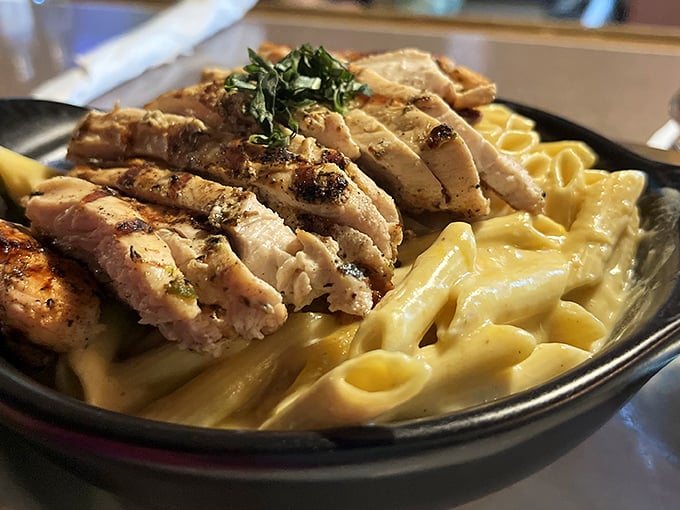 Pasta that doesn't try to be Italian—it's proudly Ohio-style comfort food. That grilled chicken on top is the protein crown this creamy throne deserves.