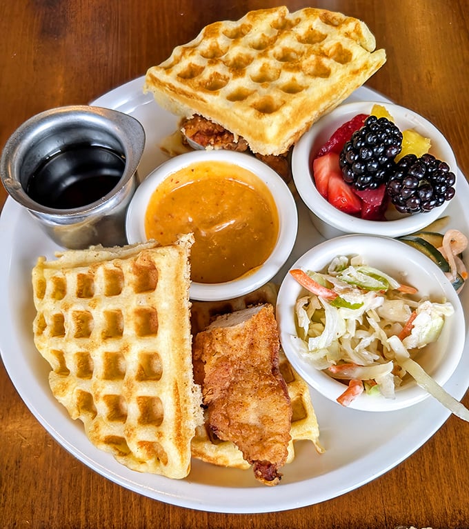 The chicken and waffle isn't just a dish—it's a beautiful marriage of textures where crispy meets fluffy, with sides that ensure no flavor gets lonely.