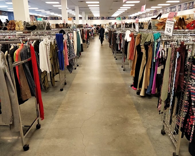 The clothing canyon – a seemingly endless corridor of fashion possibilities where patience is rewarded with one-of-a-kind finds.