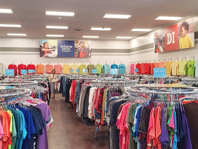 The clothing section explodes with color-coded options – a rainbow of possibilities organized with a precision that would make Marie Kondo weep with joy.