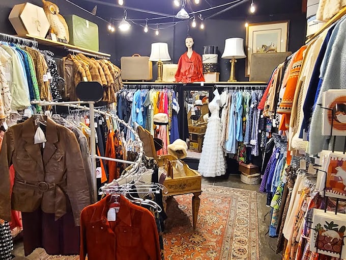 Not just vintage clothing—wearable history hanging on racks, where that red leather jacket is waiting for its second act.