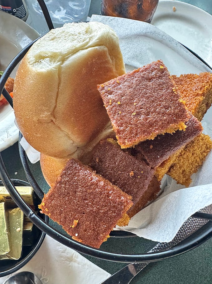Cornbread at a seafood joint isn't just a side—it's essential equipment for sopping up every last drop of that precious broth.