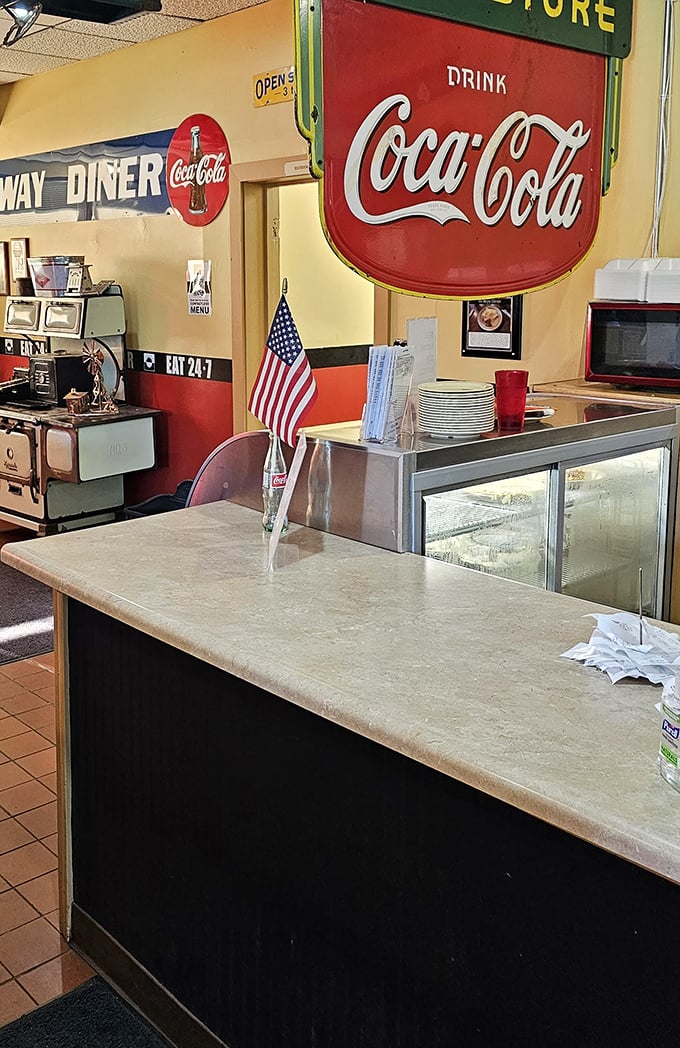 Classic diner counter seating: where strangers become friends and regulars become family over endless coffee refills.
