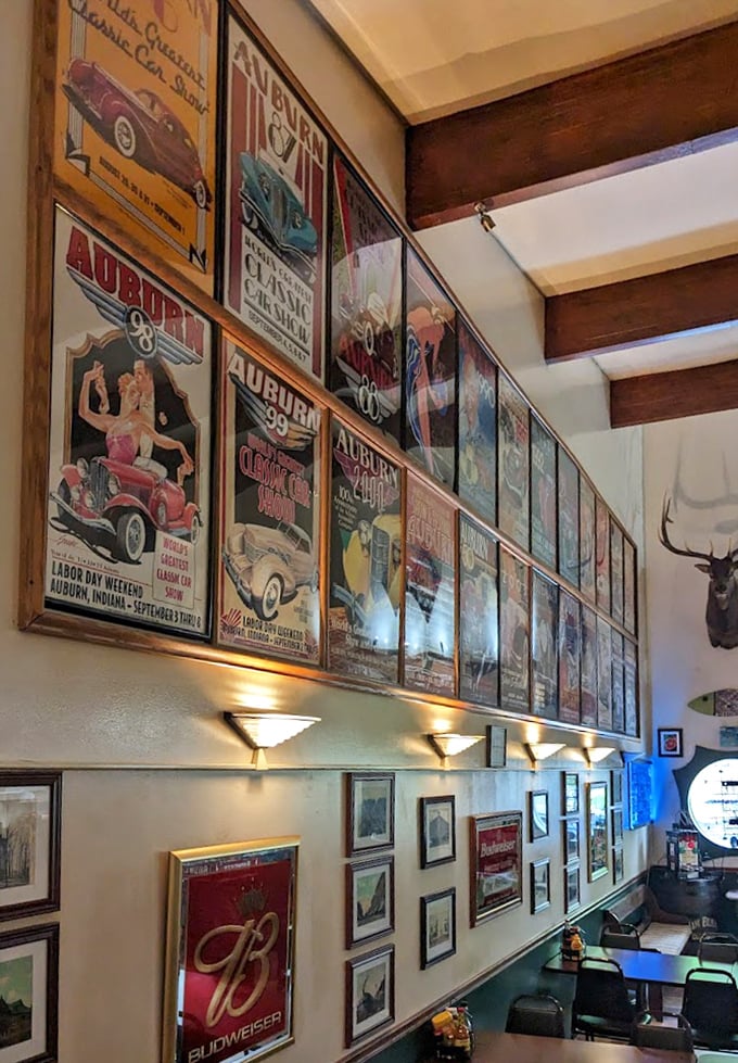 Auburn's automotive heritage adorns the walls, a gallery of vintage posters that reminds you great things have always come from small Midwestern towns—including this restaurant.