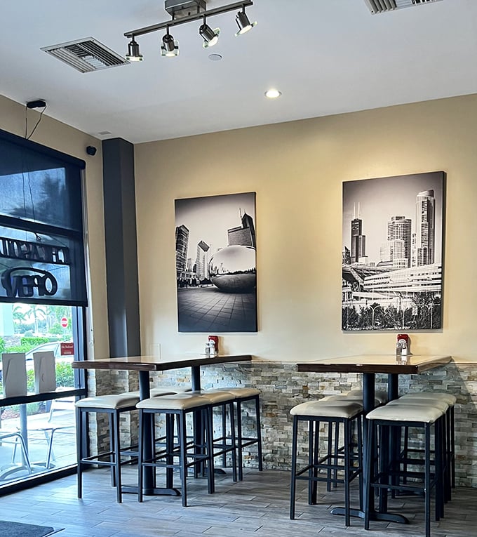 High-top tables and Chicago cityscape photos – a little slice of Wrigleyville that somehow landed in paradise.