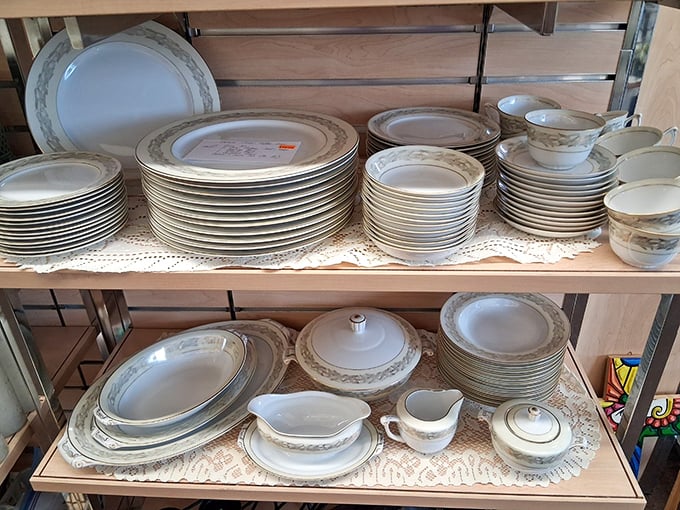 Complete china sets that outlasted their original marriages. These dishes have seen more Thanksgiving dinners than most of us.