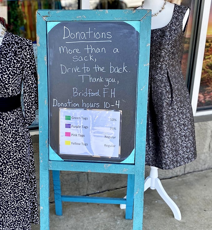 The color-coded tag system reveals the thrifter's strategy. Green means go—straight to the register with your half-price treasures!