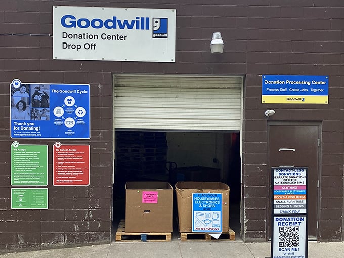 The donation drop-off area—where yesterday's impulse purchases begin their journey toward becoming someone else's perfect find.