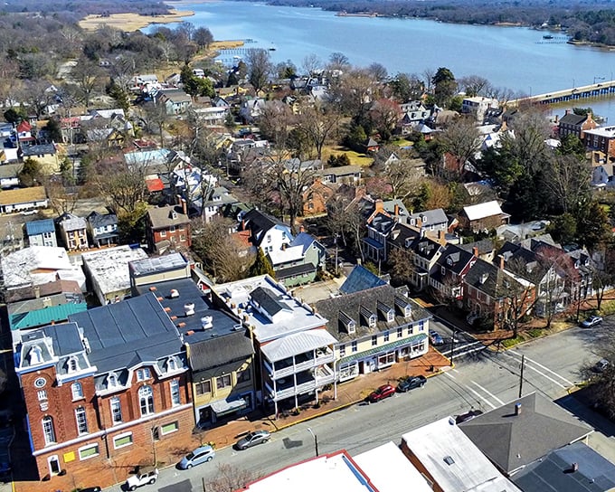 Winter reveals Chestertown's bones – a perfect colonial grid meeting the Chester River, showcasing centuries of thoughtful town planning.