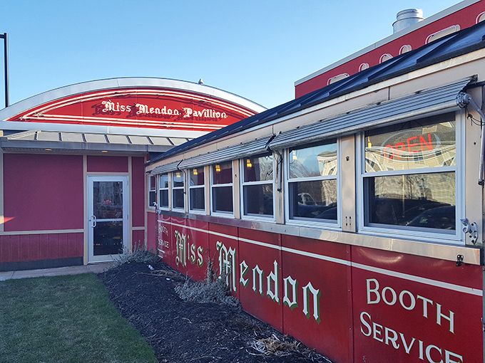 The Miss Mendon Pavilion entrance promises booth service and breakfast salvation. This isn't just a meal – it's a Massachusetts institution.