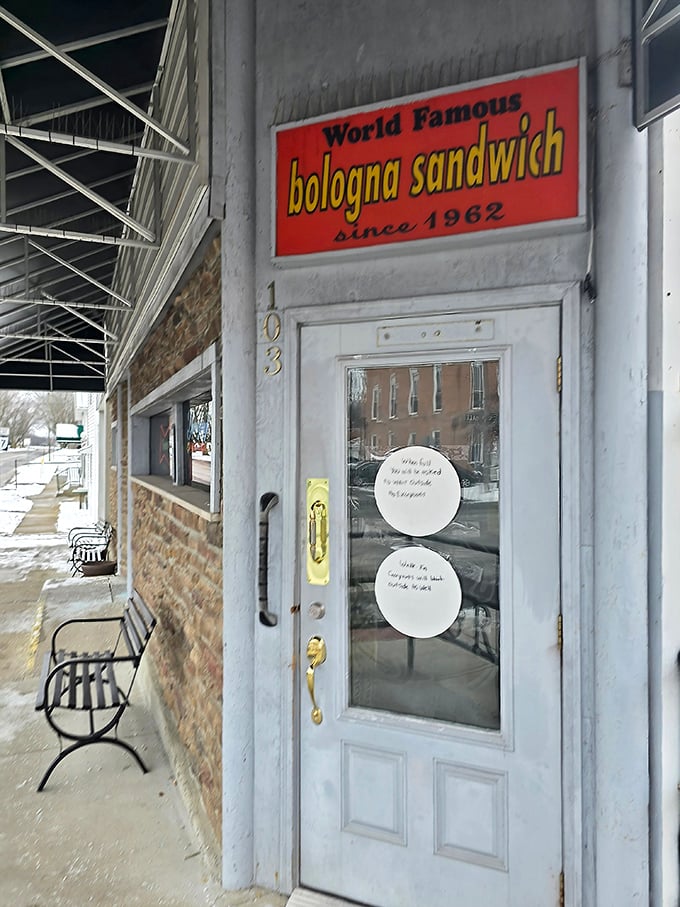 "World Famous bologna sandwich since 1962" – a door that separates the ordinary world from an extraordinary culinary experience waiting inside.